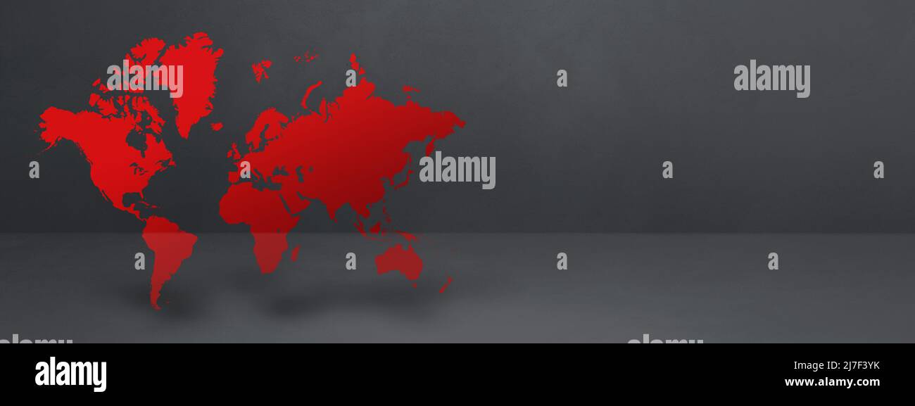 Red world map isolated on black concrete wall background. 3D ...