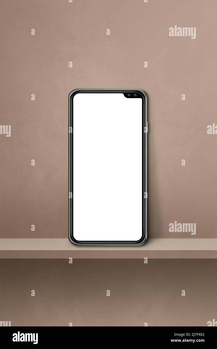Mobile phone on brown wall shelf. Vertical background. 3D Illustration ...