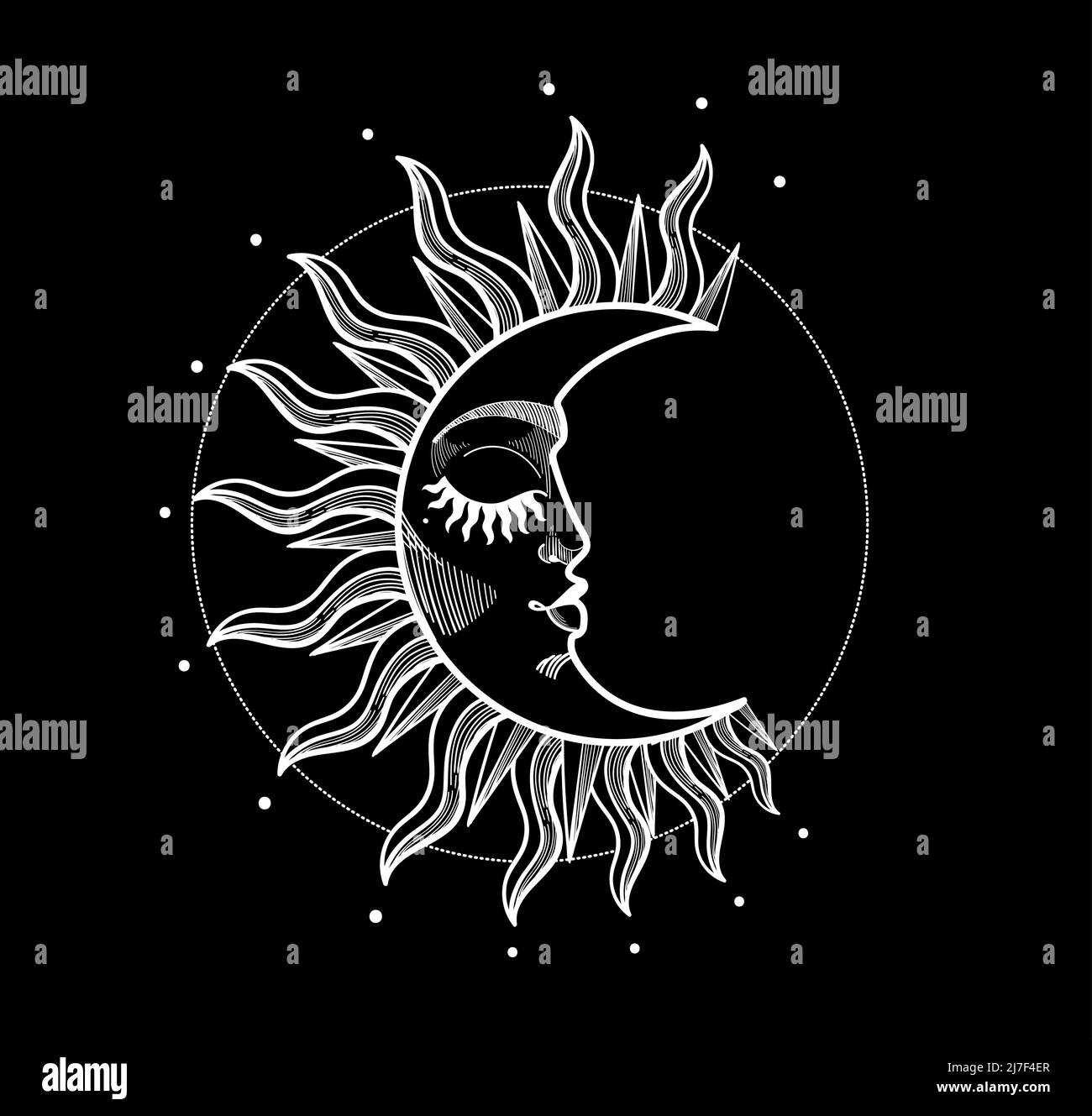 Boho symbol of the moon with rays, white hand drawing on a black ...