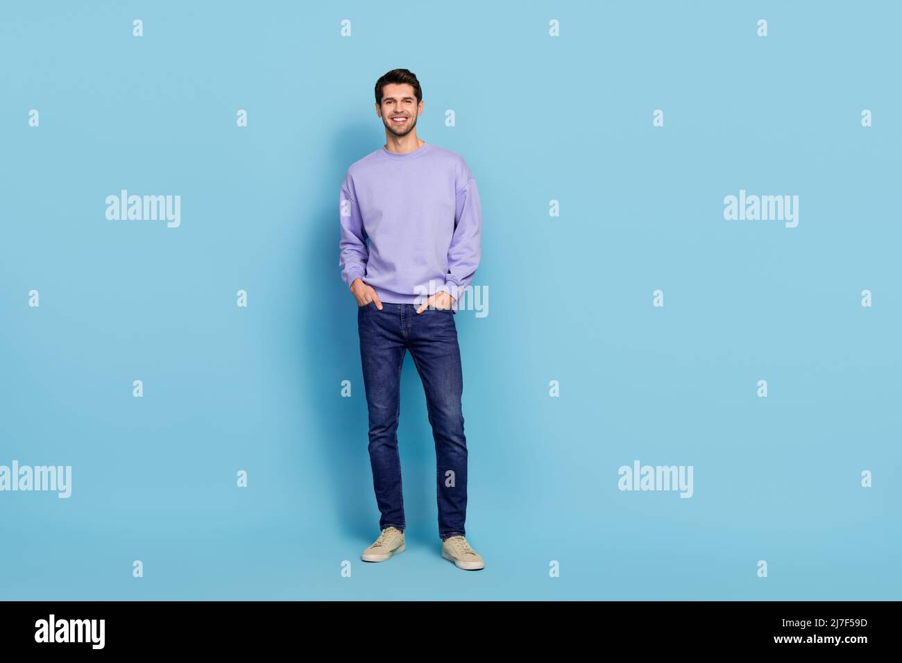 Full length body size view of attractive cheerful guy standing copy ...