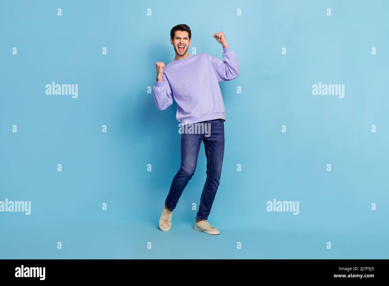 Full length body size view of attractive cheerful lucky crazy guy ...