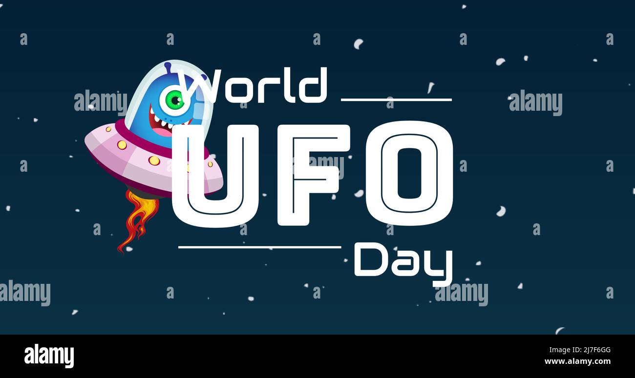 Illustrative image of world ufo day text with ufo against stars on blue ...