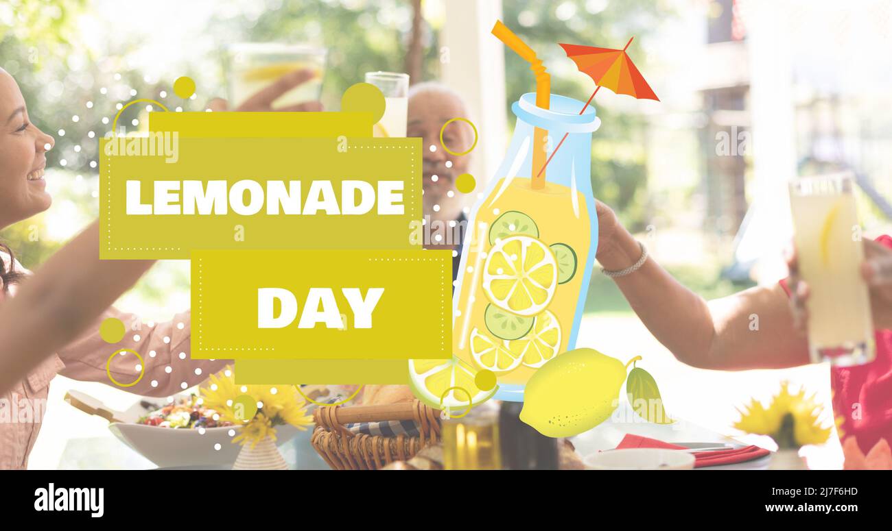 Composite of lemonade day text with bottle, lemon and caucasian family ...