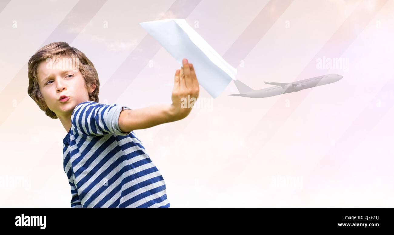 Multiple image of caucasian boy puckering lips while flying paper plane ...