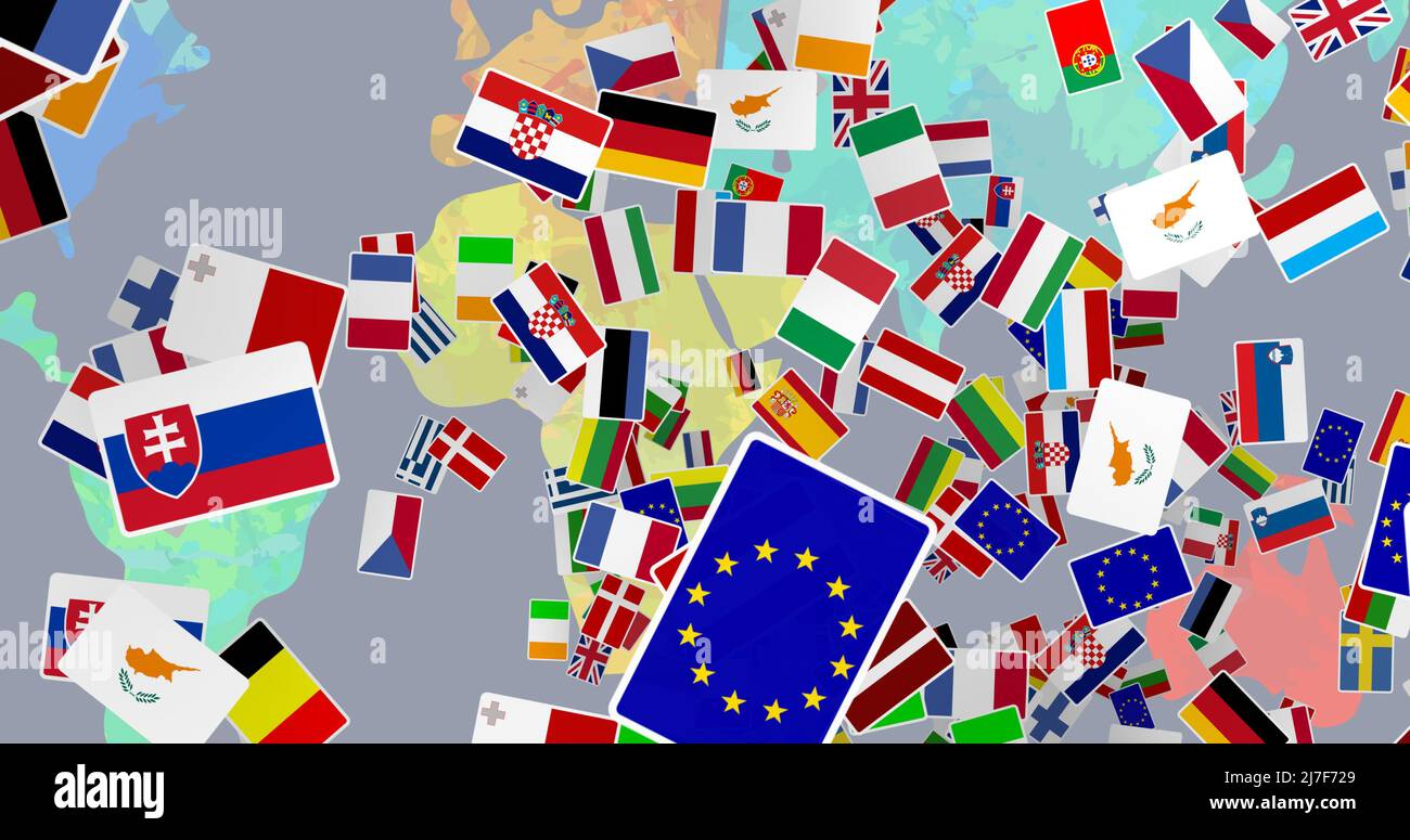 Illustrative image of various countries national flags and world map on ...