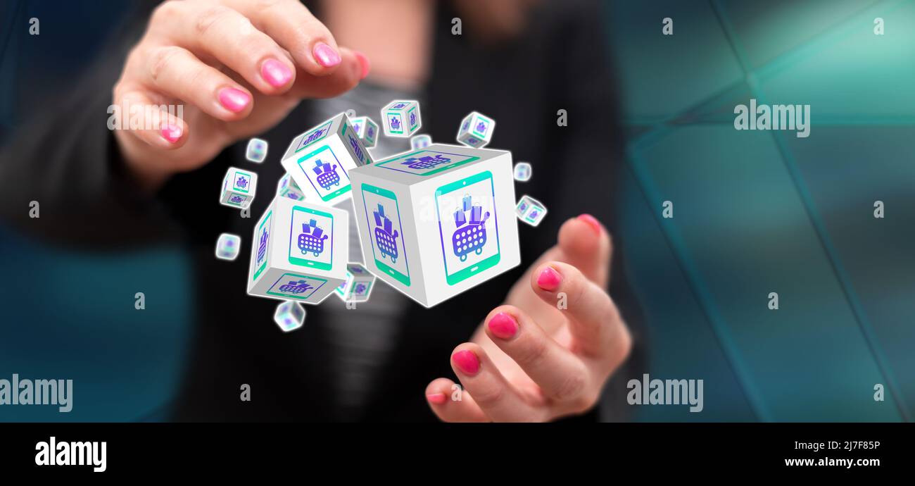 E-commerce concept between hands of a woman in background Stock Photo ...