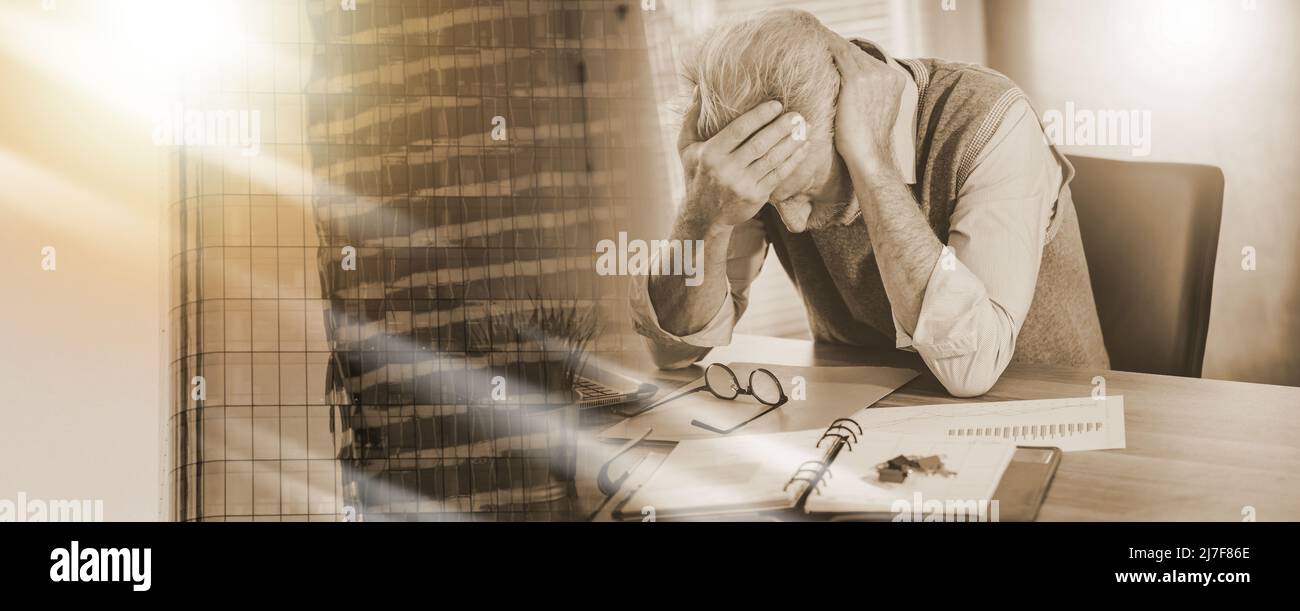 Stressed senior businessman sitting in office; multiple exposure Stock ...