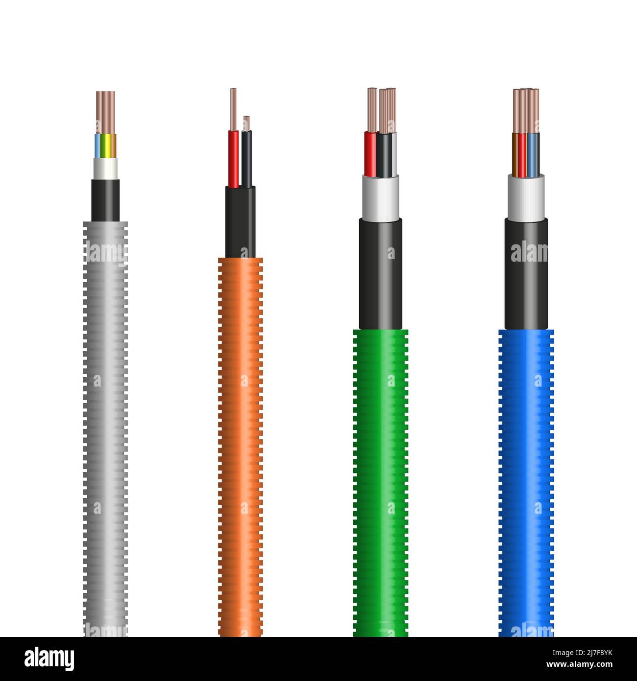 Cable with copper conductors in a corrugated plastic pipe. Front view ...