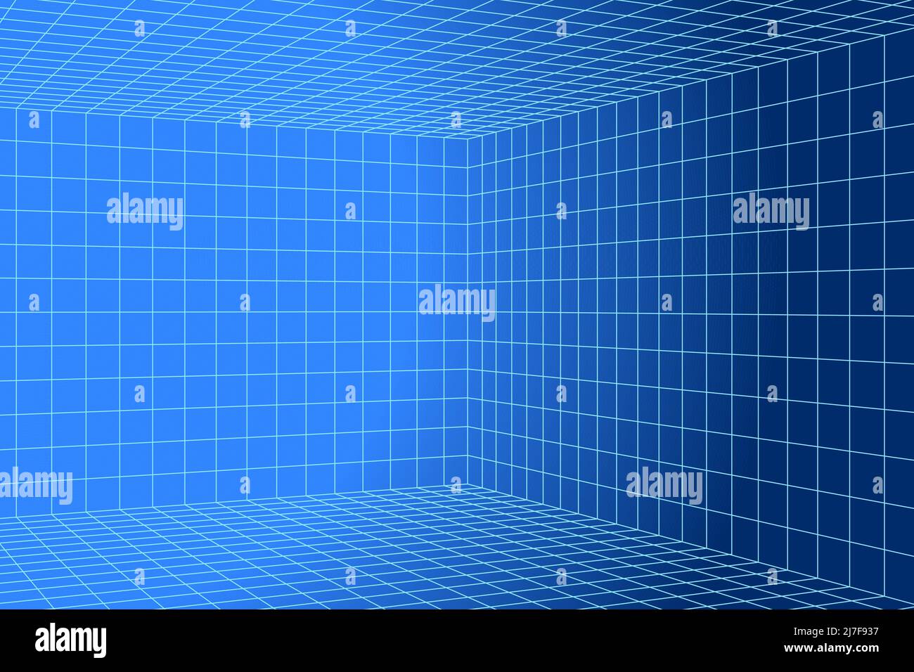 3D digital two points perspective grid room. White mesh on blue ...