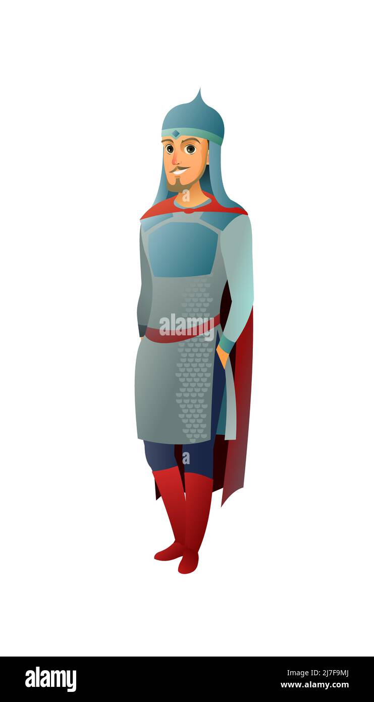 Medieval knight stand smiling. In iron mail and helmet. In red cape ...