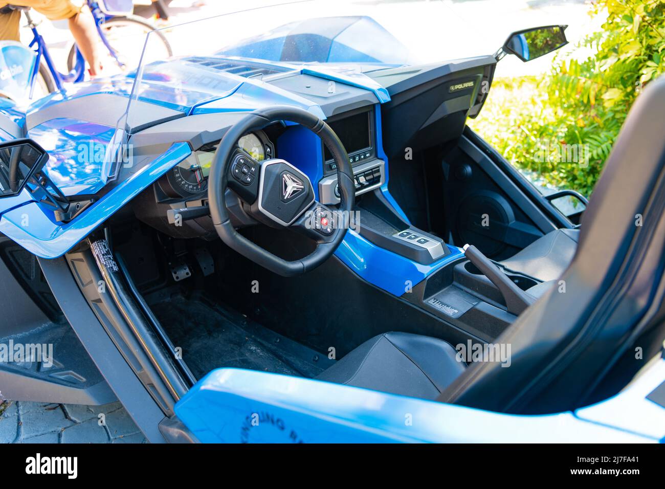 Miami Beach, Florida USA - April 14, 2021: blue polaris slingshot, top ...