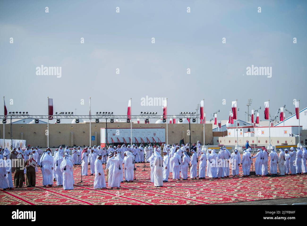 Doha, Qatar, December 18,2017: The drummers dressed in traditional ...