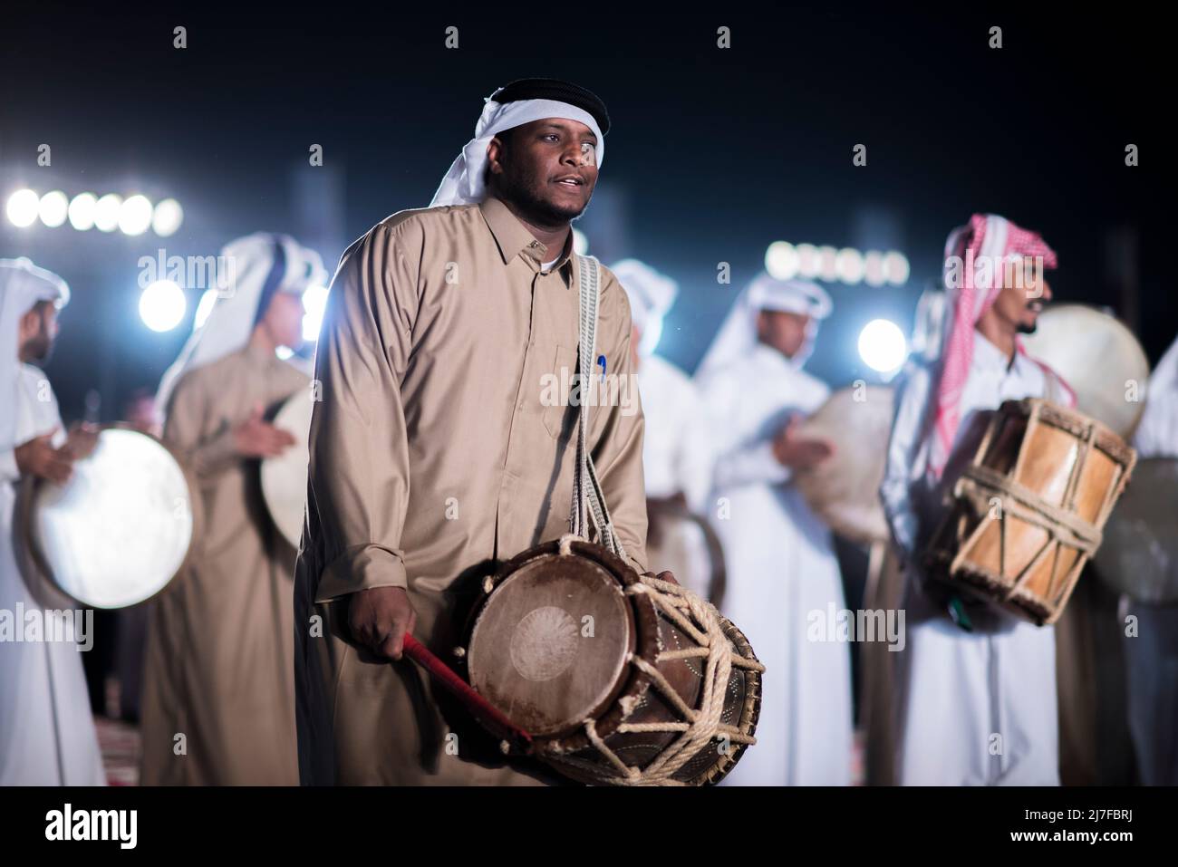 Doha, Qatar, December 18,2017: The drummers dressed in traditional ...