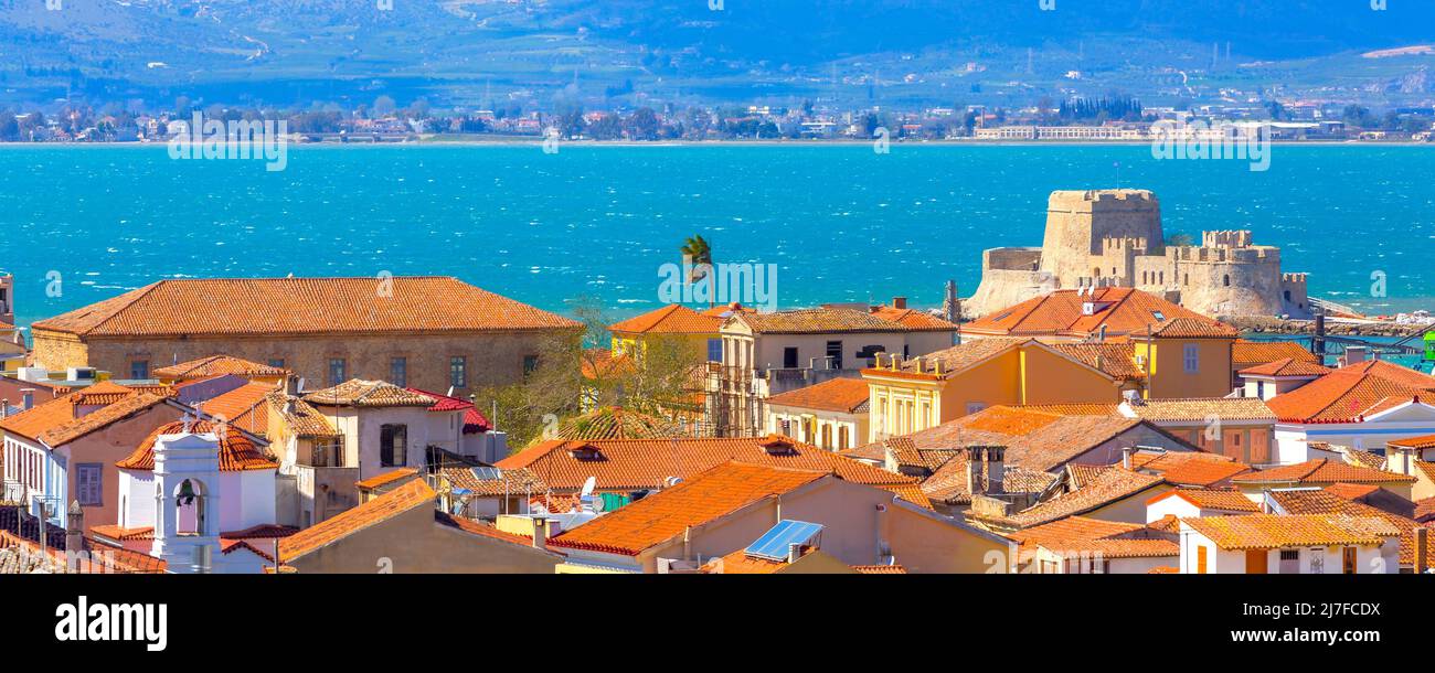 Nafplio or Nafplion, Greece, Peloponnese old town houses and the sea ...