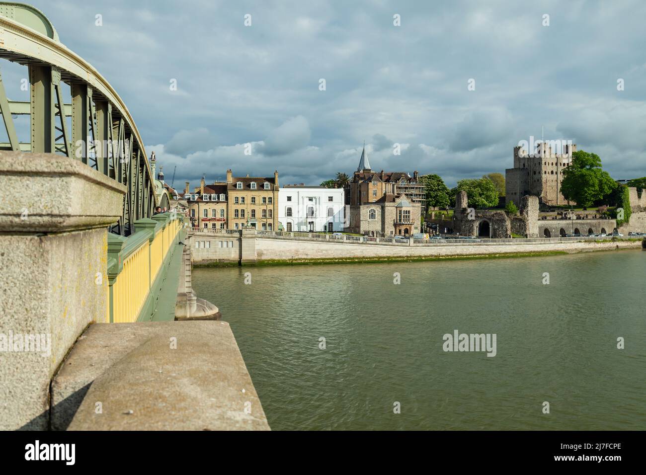 Rochester skyline seen from Rochester Bridge over river Medway, Kent ...