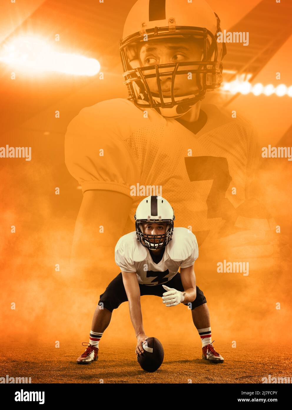 Creative portrait of young man, american football player at stadium in ...