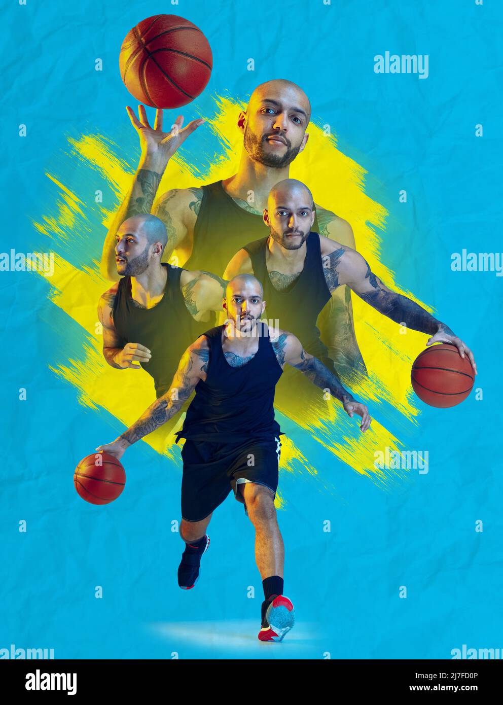 Creative collage with young male basketball player with ball over blue ...