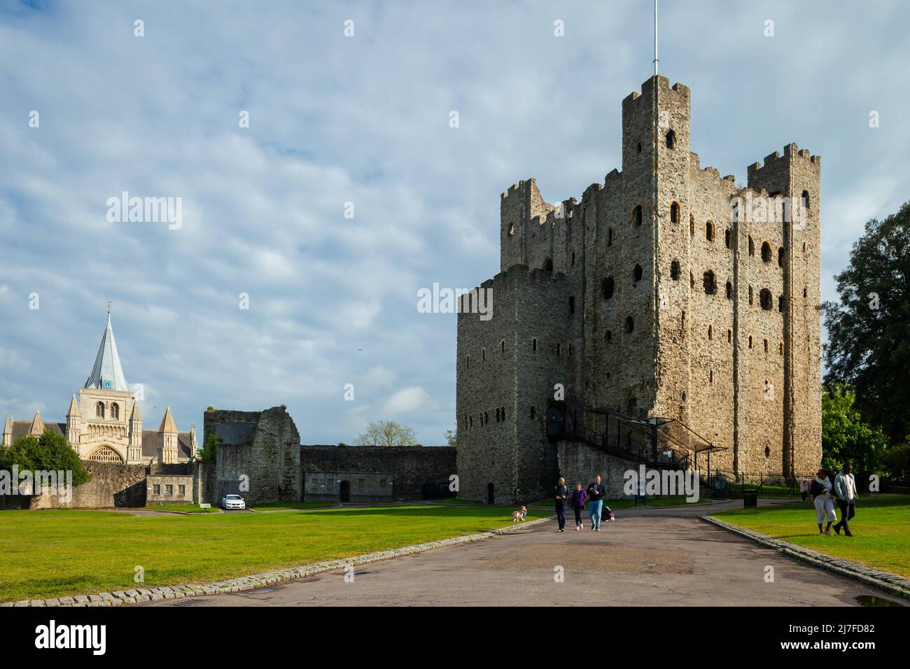 May afternoon at Rochester Castle in Kent, England. Rochester Cathedral ...