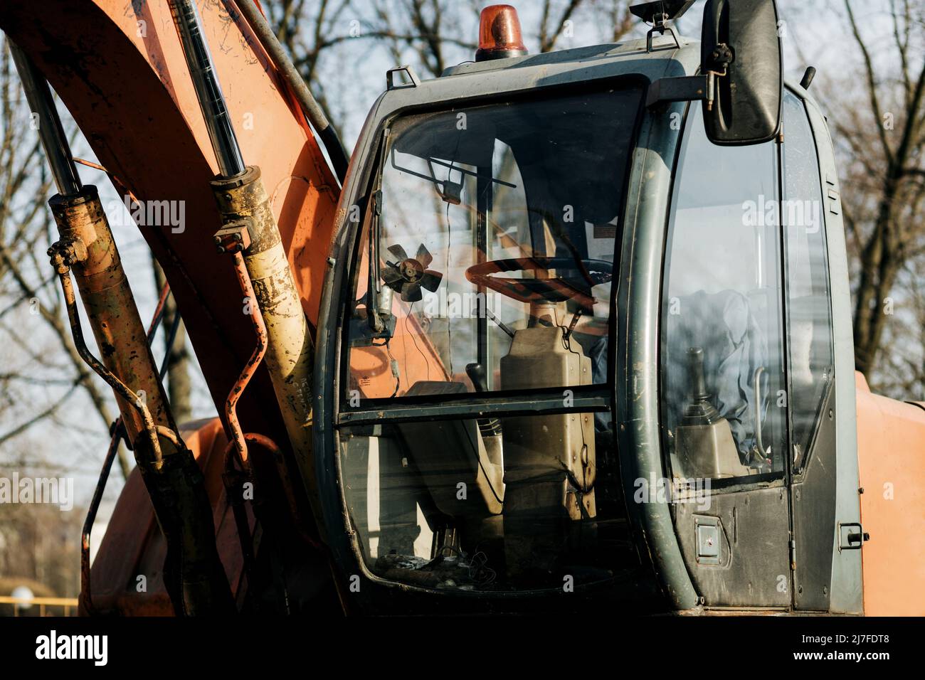 Operator's cab of truck mounted articulated hydraulic. Cab of an ...