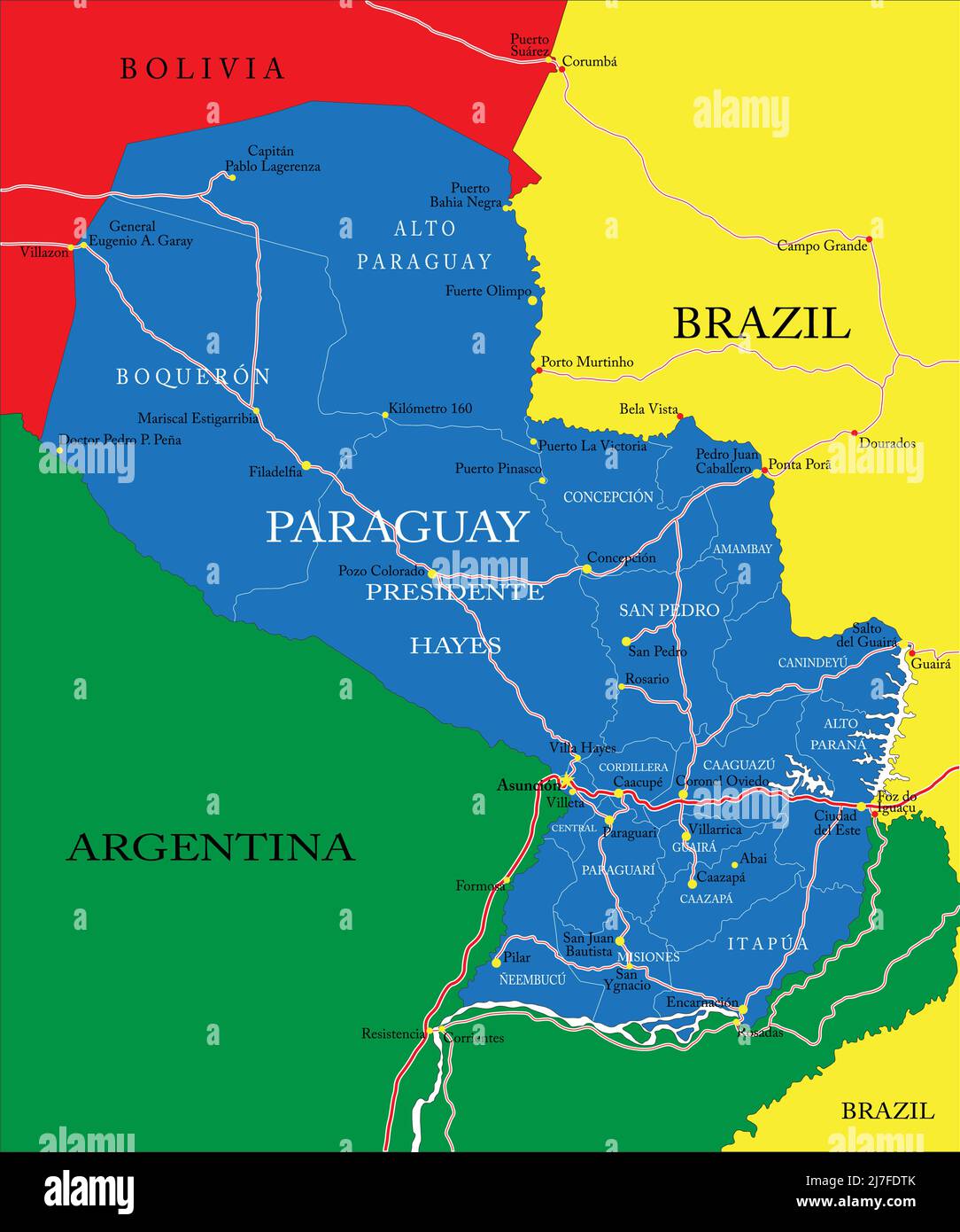 Highly detailed vector map of Paraguay with administrative regions ...
