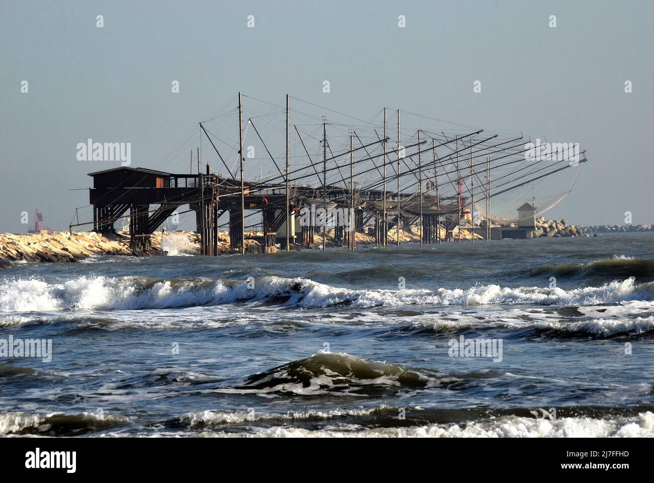 Adriatic coast of Veneto, Sottomarina beach. Old fishing machines. Bad ...