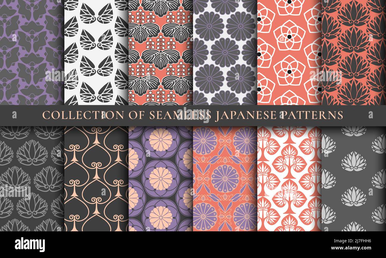 Japanese Asian spring traditional seamless patterns collection set ...