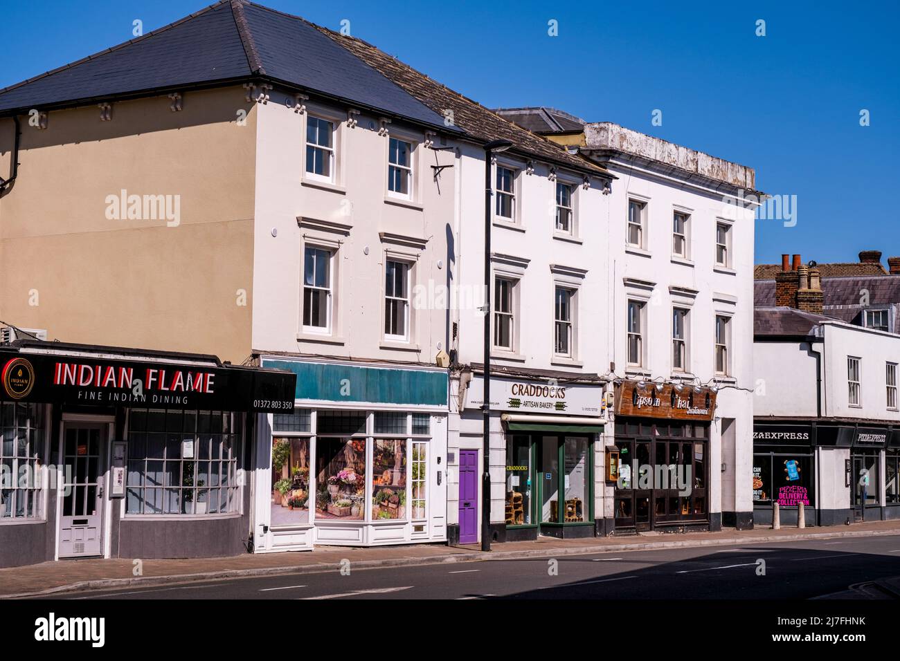 Epsom Surrey, London, May 08 2022, Row of Traditional High Street Shops ...