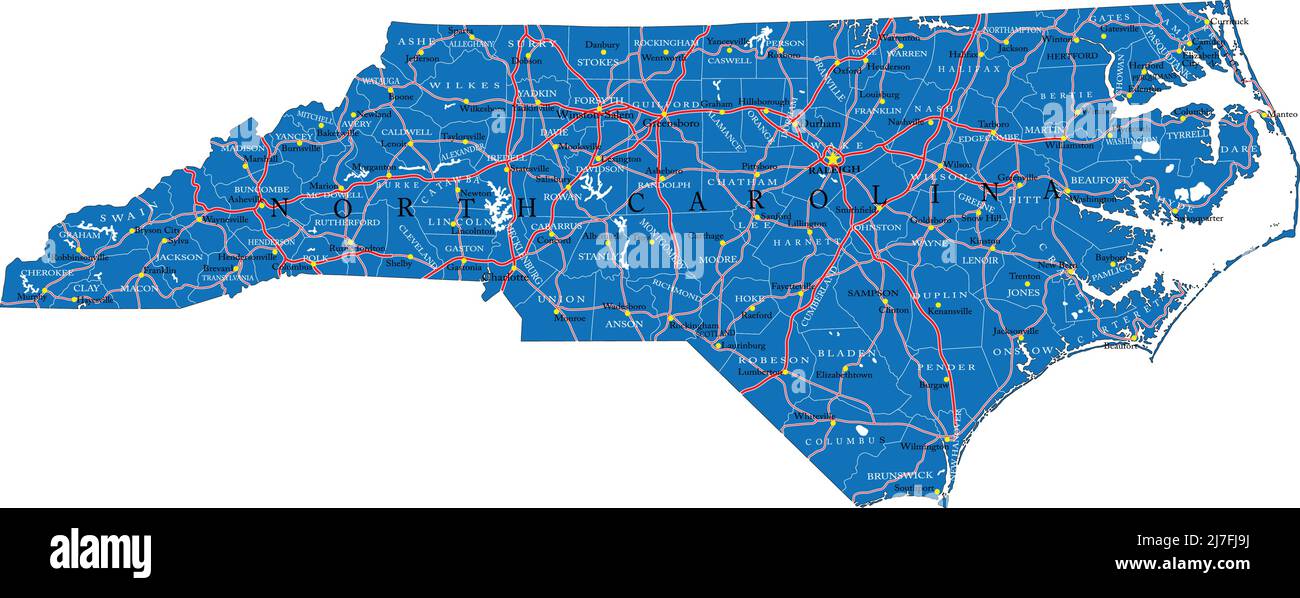 Detailed map of North Carolina state,in vector format,with county ...