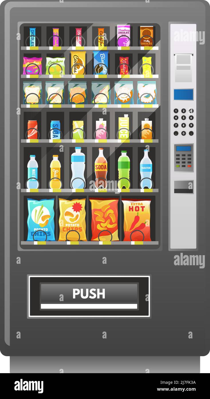 Vending machine. Automatic food, lunch snacks and drink sale, square ...