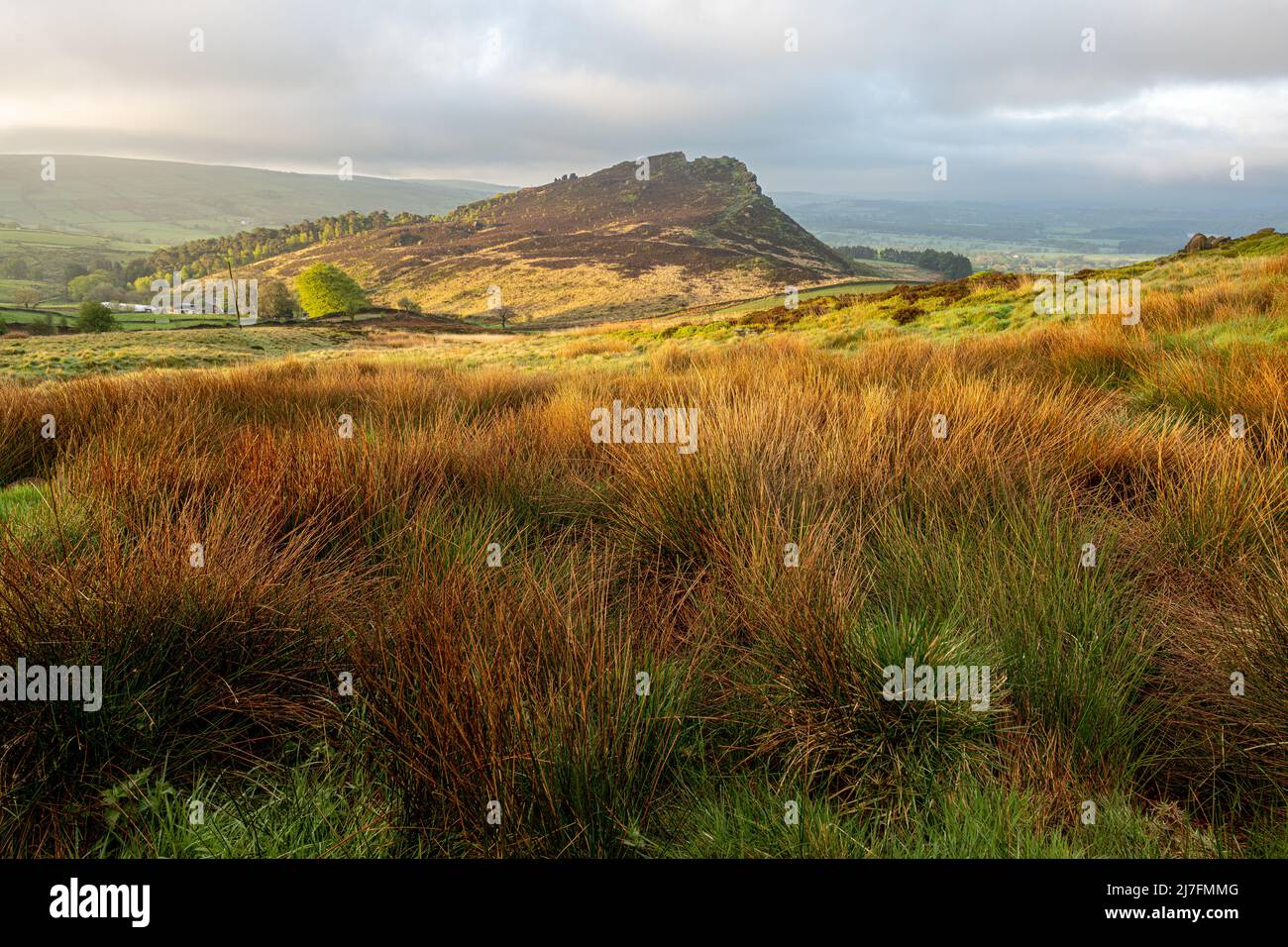 UK moorland landscape. Hen Cloud at sunrise in the Peak District ...