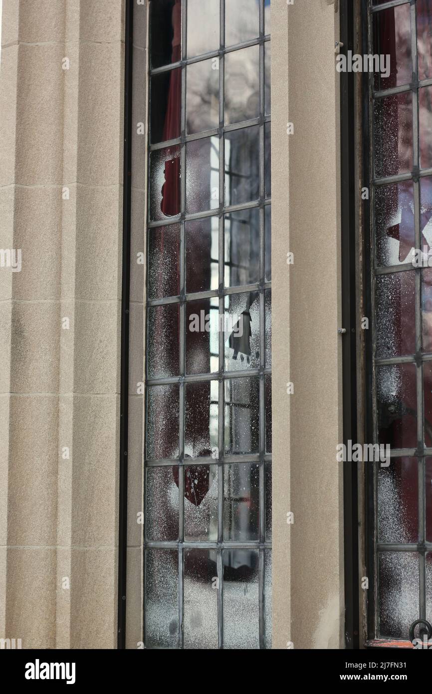 Medieval gothic windows with panes on a solid stone wall Stock Photo ...