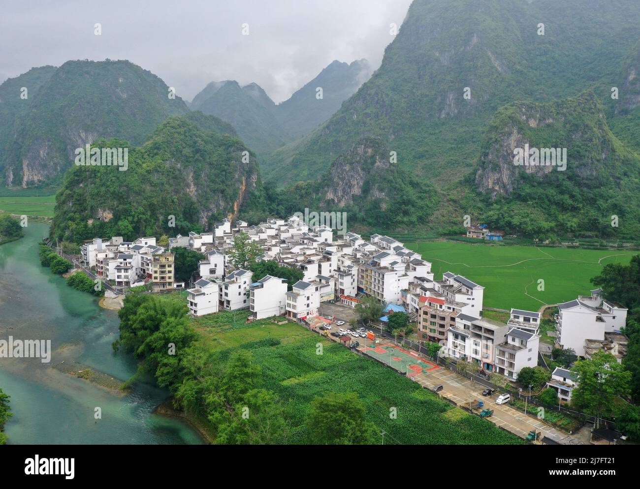Nanning. 8th May, 2022. Aerial photo shows a village view of Bama Yao ...