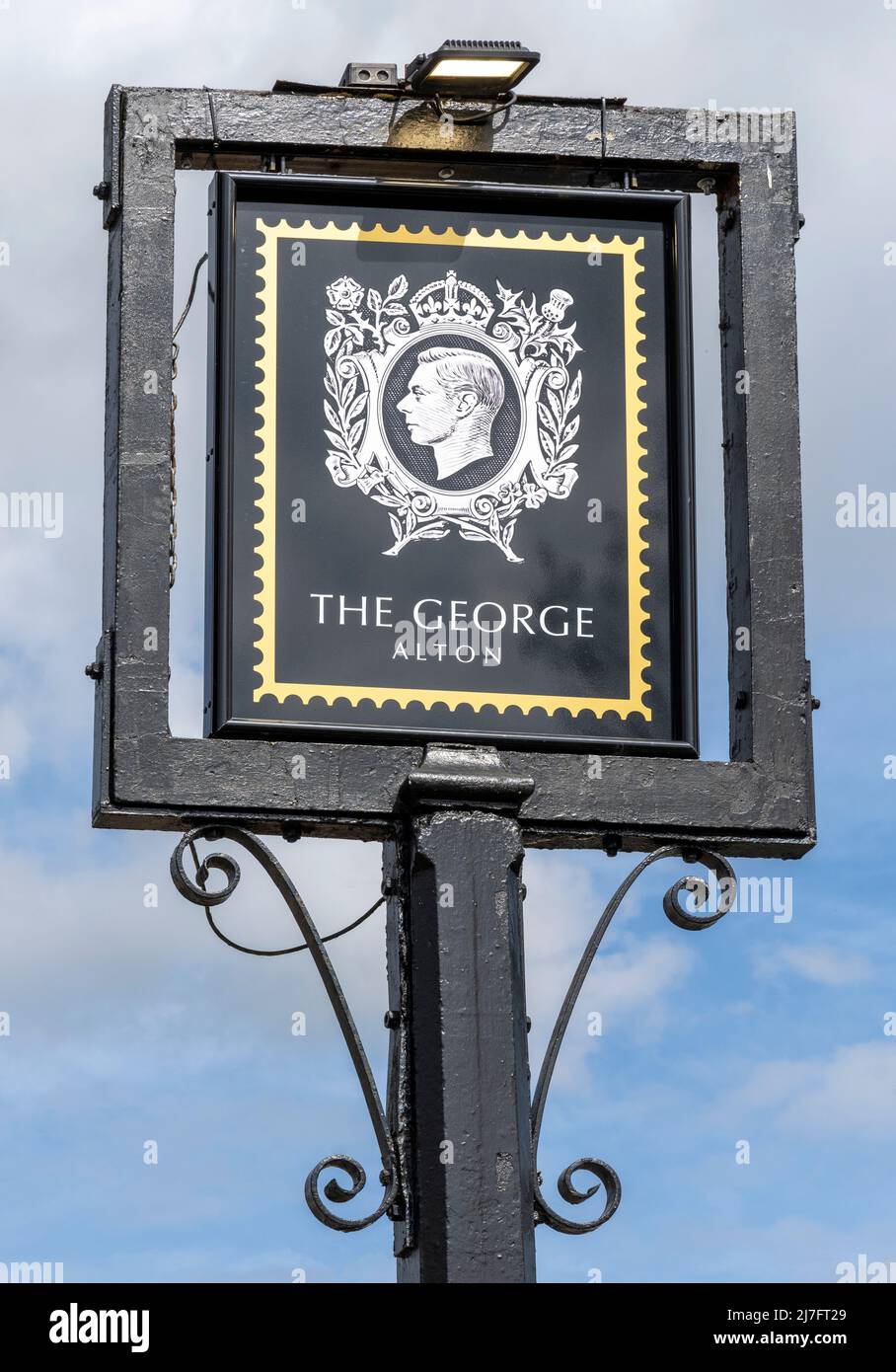 Traditional hanging pub sign at The George public house, Butts Road ...