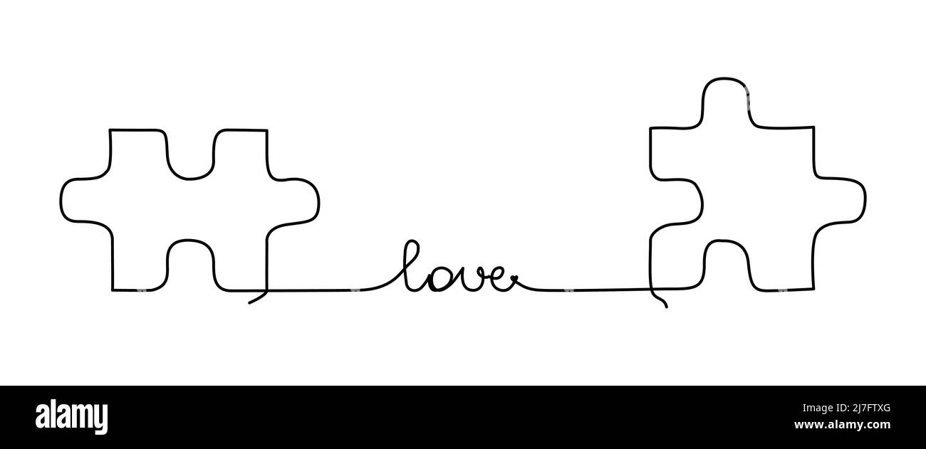Two jigsaw puzzle pieces connected with one line and a heart ...