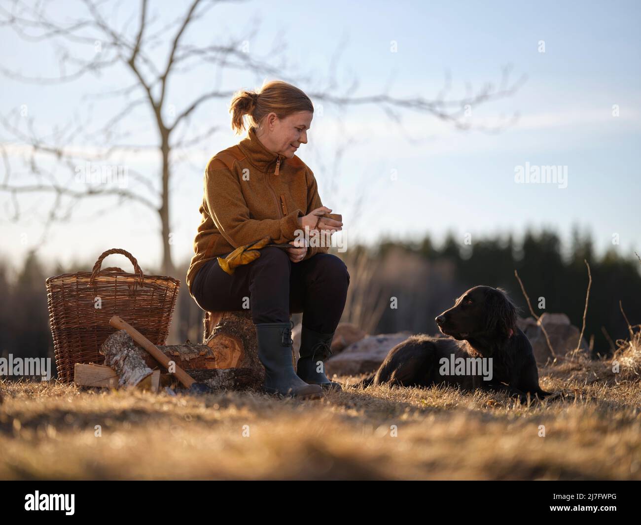 Woman and dog taking break from outdoor work Stock Photo - Alamy
