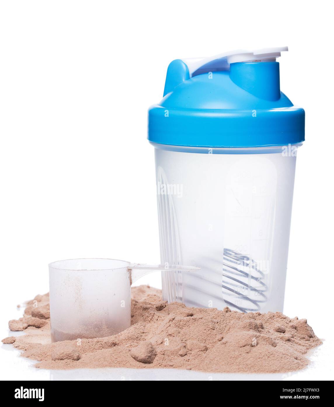Shaker and chocolate protein powder on white background Stock Photo - Alamy
