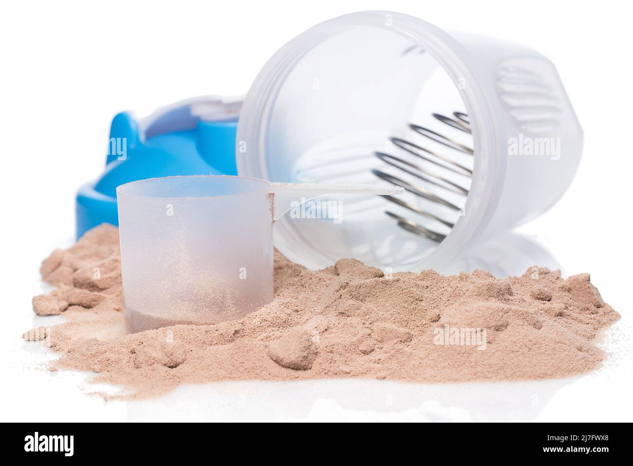Shaker and chocolate protein powder on white background Stock Photo - Alamy