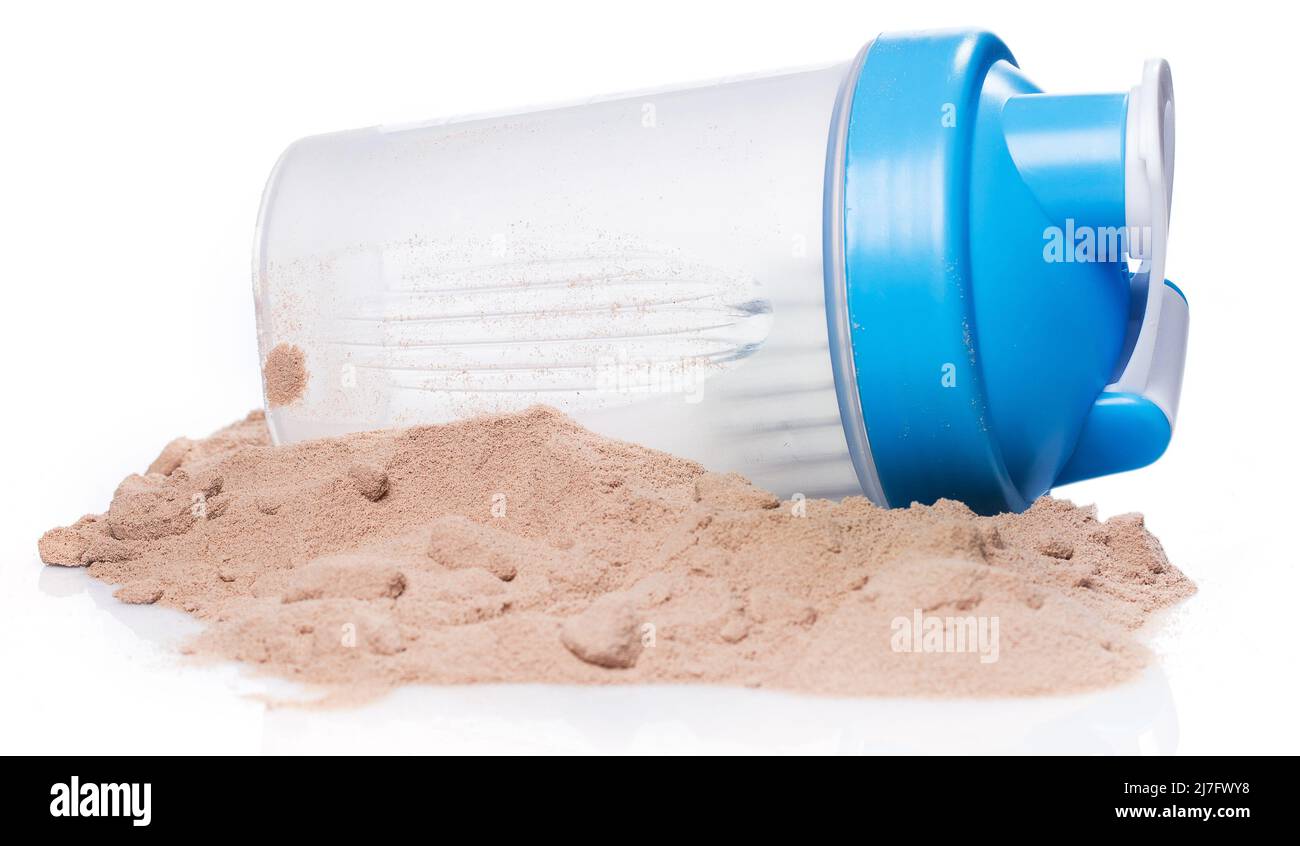 Shaker and chocolate protein powder on white background Stock Photo - Alamy