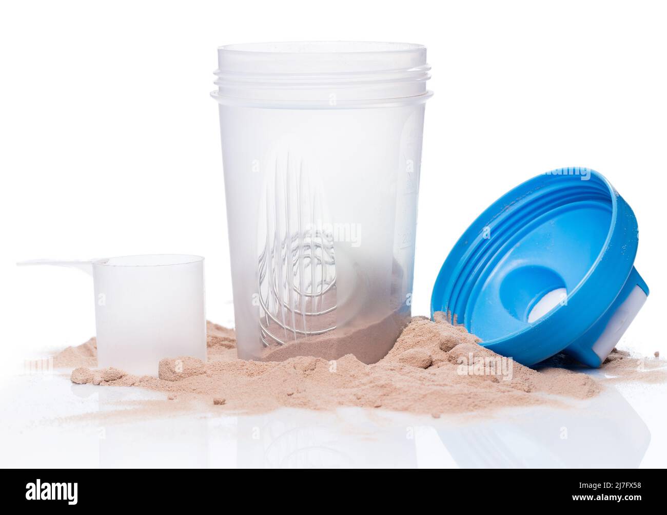 Shaker and chocolate protein powder on white background Stock Photo - Alamy