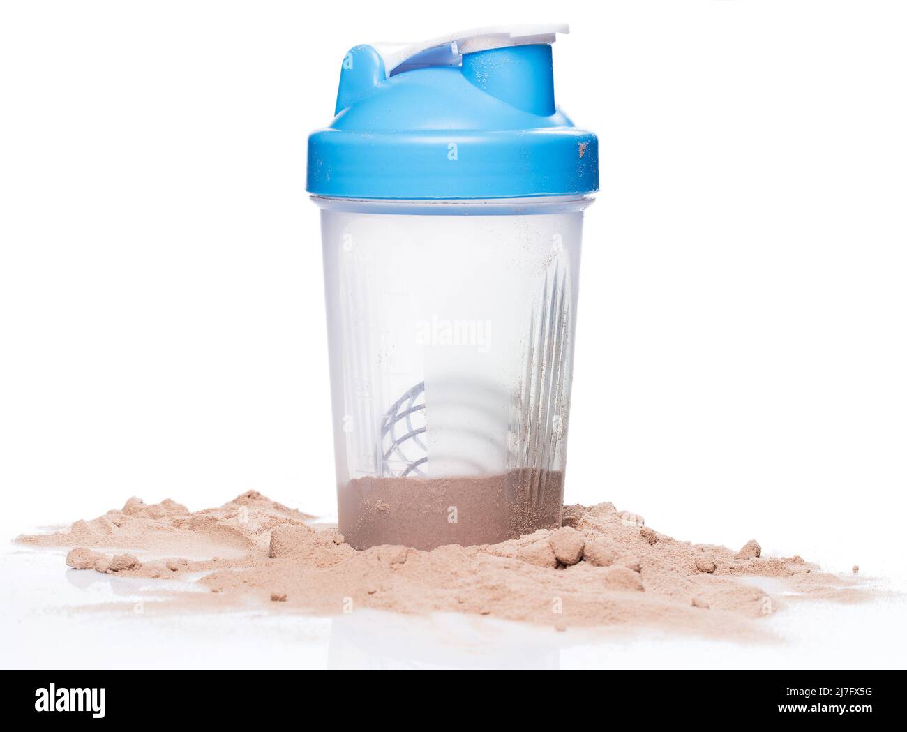 Shaker and chocolate protein powder on white background Stock Photo - Alamy