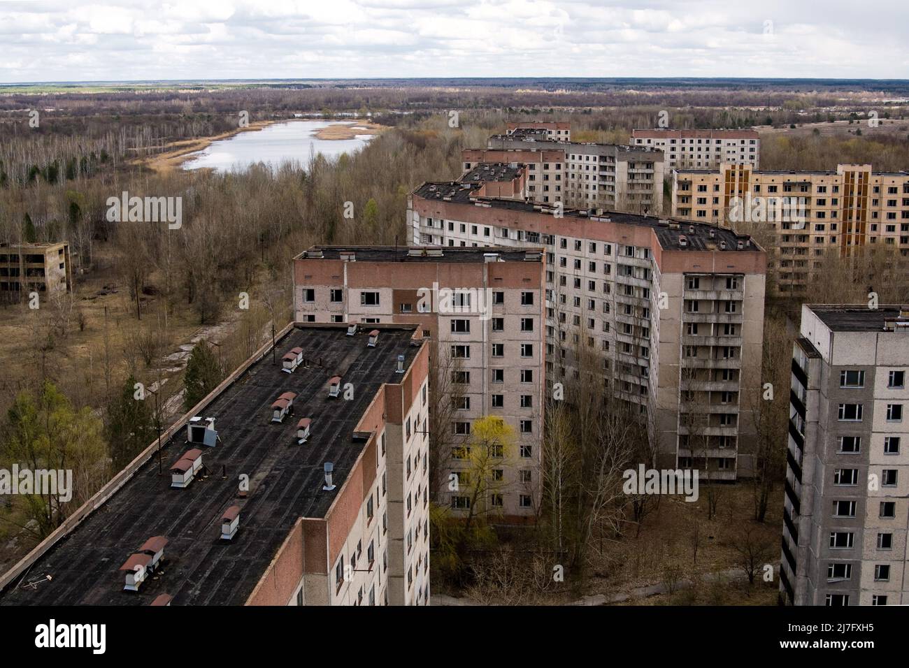 View from roof of 16-storied apartment house in Pripyat town, Chernobyl ...