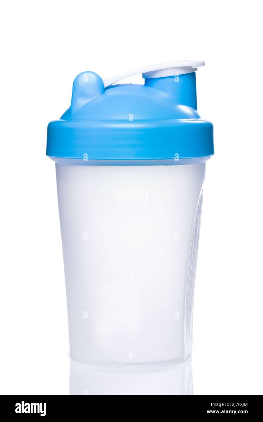 Empty protein shaker isolated on white background Stock Photo - Alamy