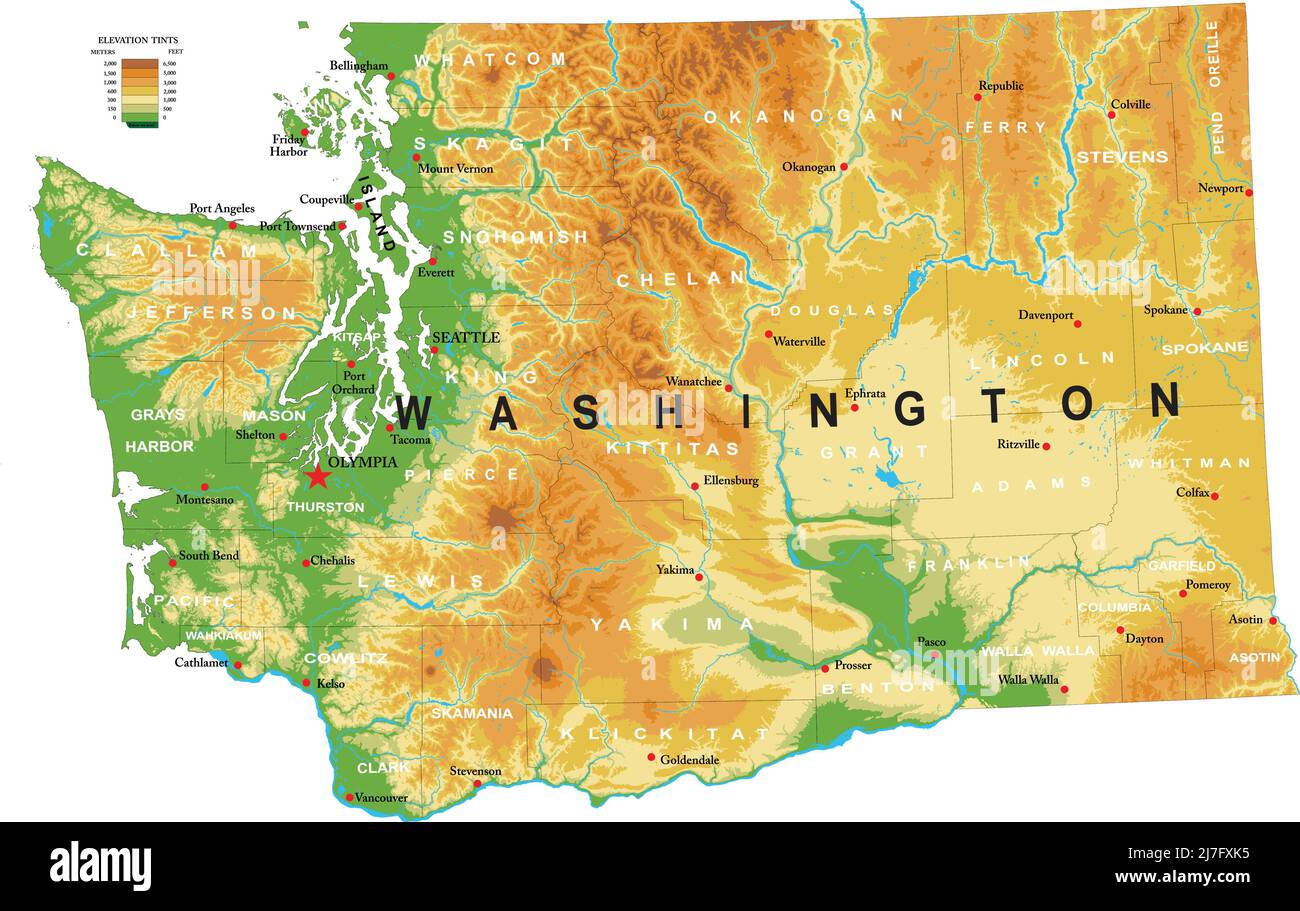 Highly detailed physical map of the Washington, in vector format,with ...