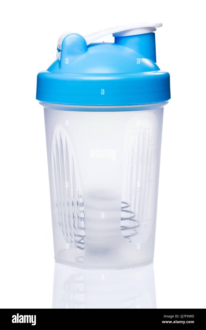 Protein shaker with metallic ball on white background Stock Photo - Alamy