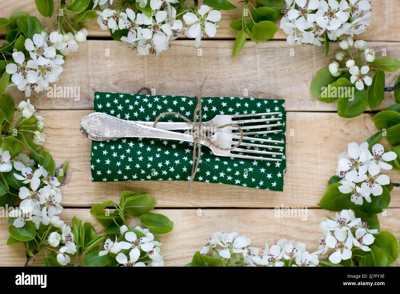Two forks lying on a wooden background among the branches of a ...