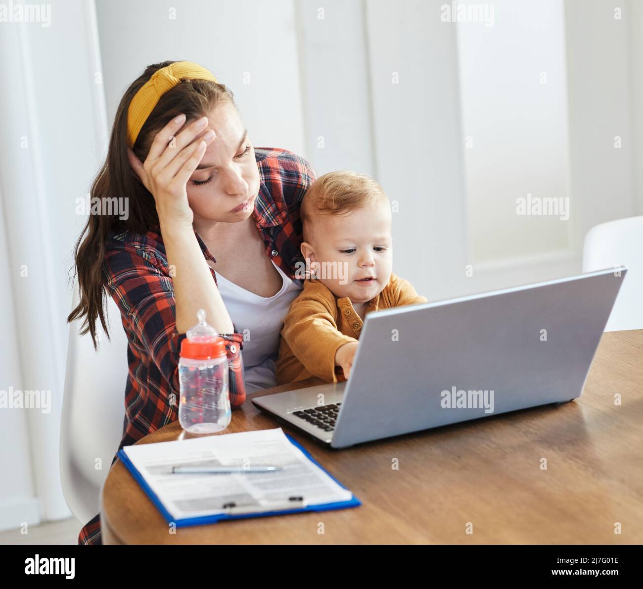 mother baby laptop computer child woman working business parent mom ...