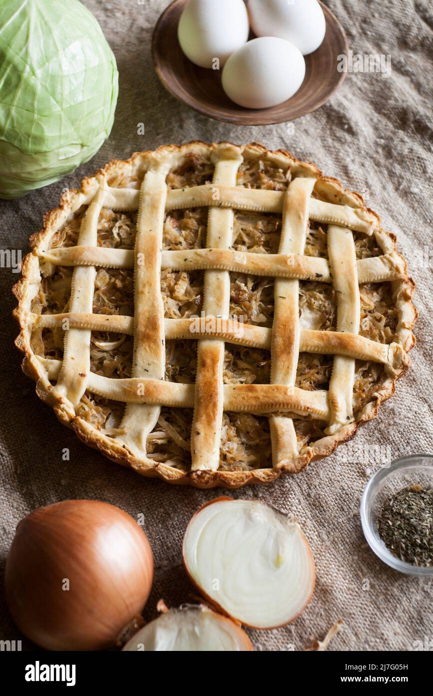 Traditional rustic vegetarian pie with cabbage and onions Stock Photo ...