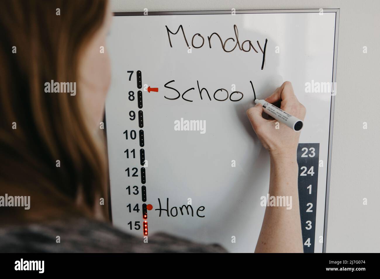 Woman filling schedule on notice board Stock Photo - Alamy
