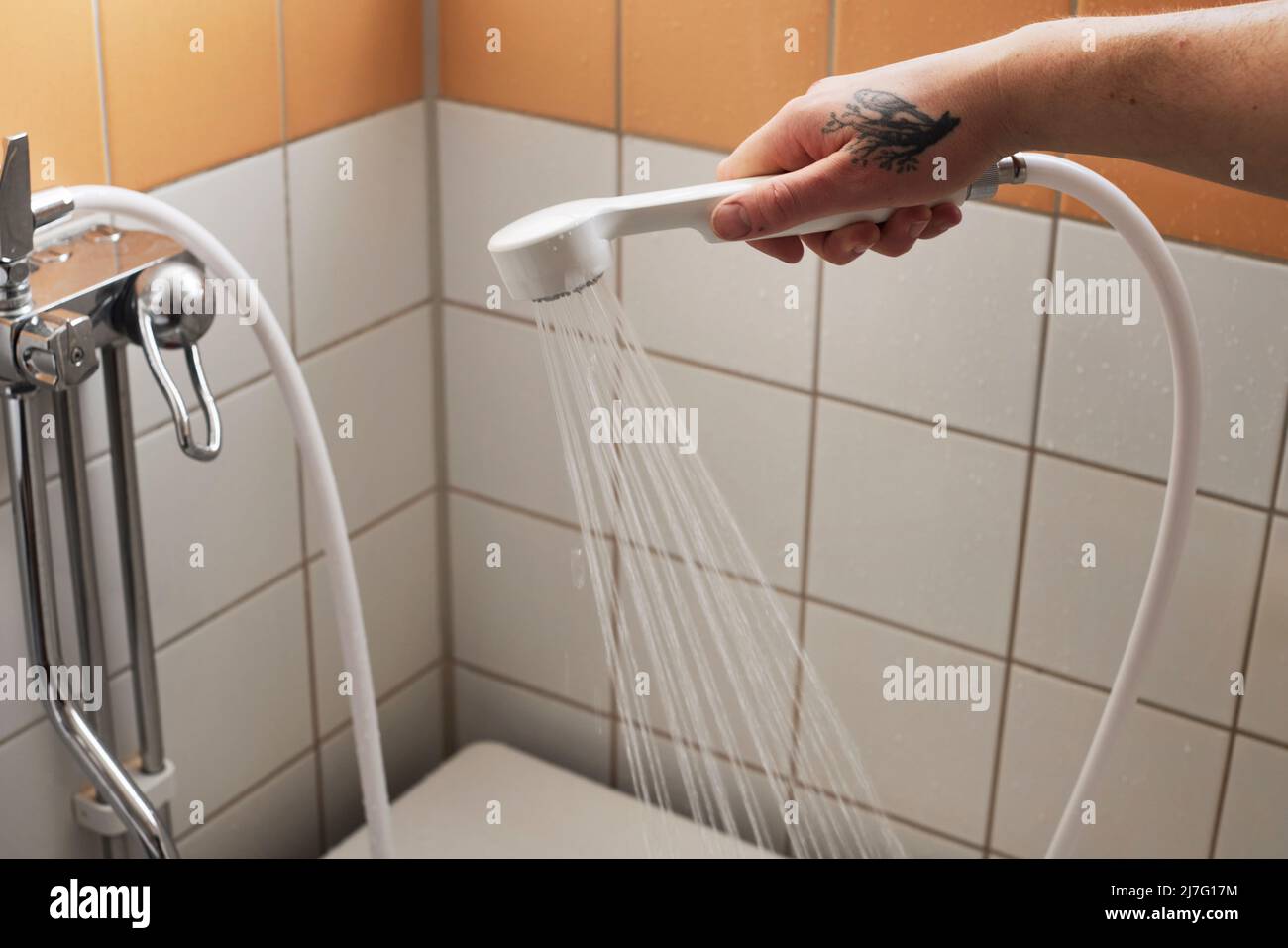Hand holding shower head Stock Photo - Alamy