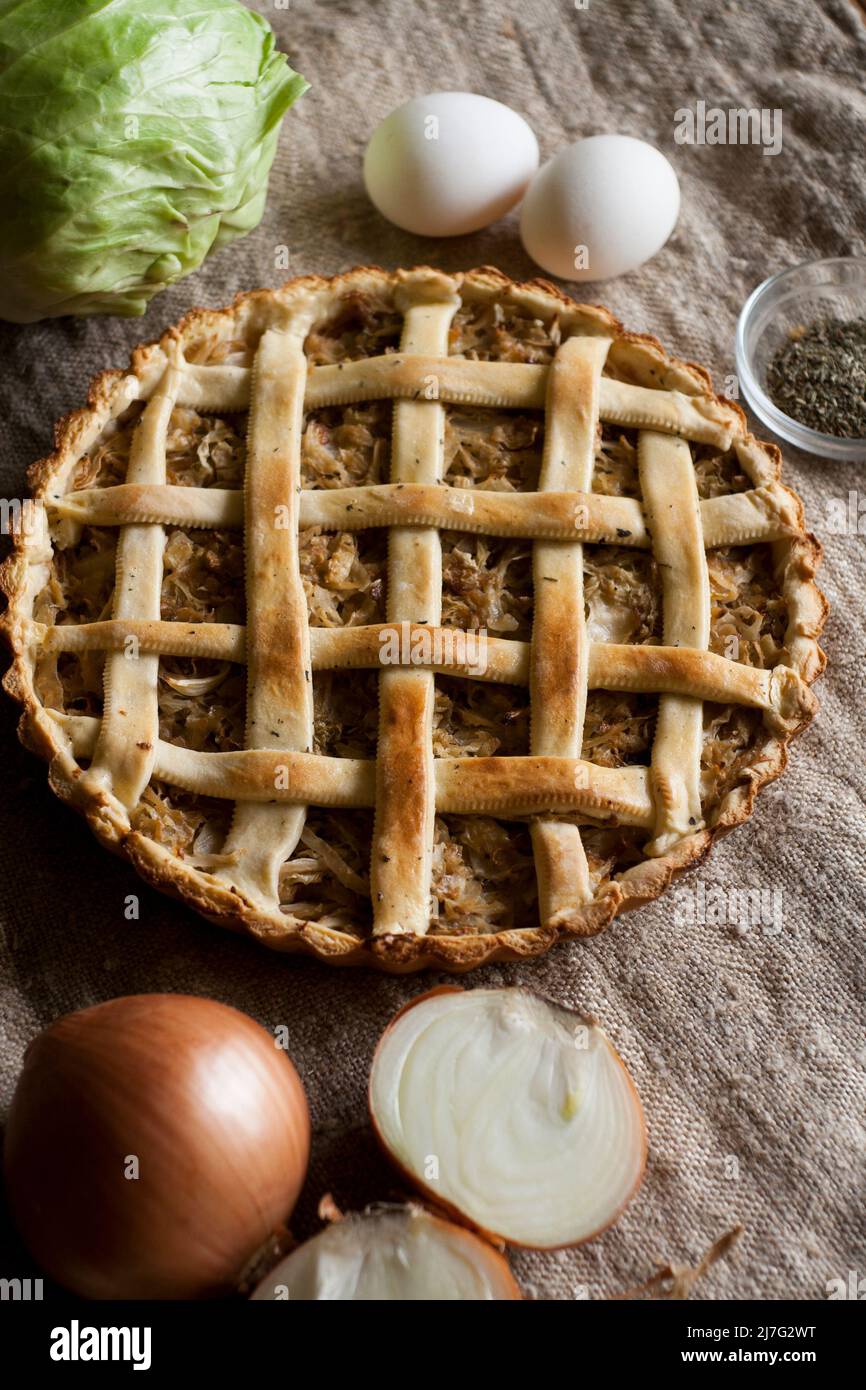 Traditional rustic vegetarian pie with cabbage and onions Stock Photo ...